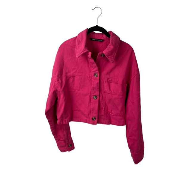 Zara | Jackets & Coats | Zara Denim Jacket Shacket Size S Pink Cropped ...